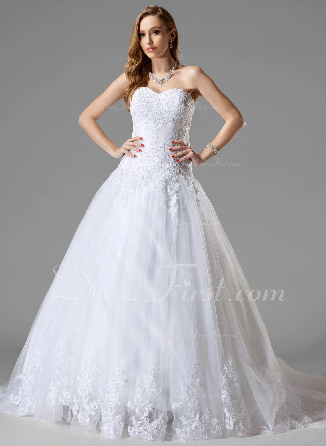 Ball Gown Sweetheart Court Train Tulle Wedding Dress With Lace Beading