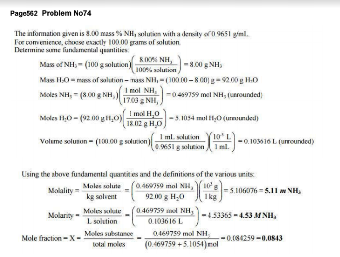 Calculate The Molality Molarity And Mole Fraction Of Nh3 I Quizlet