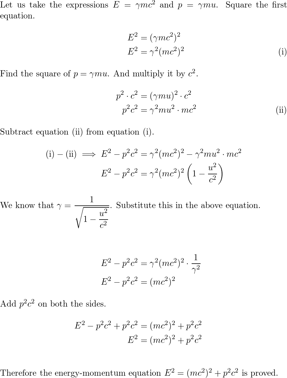 Show That The Energymomentum Relationship In Equation E2 Quizlet