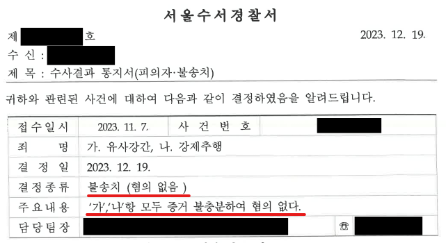 유사강간 강제추행 혐의에 대해 불송치 결정으로 방어 성공 로톡