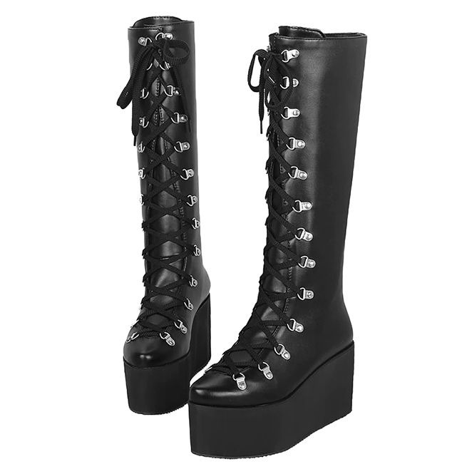 Ladies Punk Gothic Black Pointed Toe Lace Up Knee High Rebelsmarket