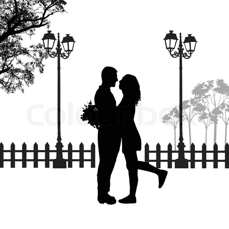 Romantic Couple Silhouette Embrace In Love On Beautiful Landscape