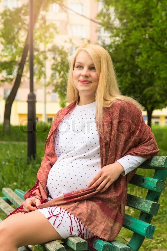 Pregnant Woman Sitting Bench Park Day Stock Image Colourbox