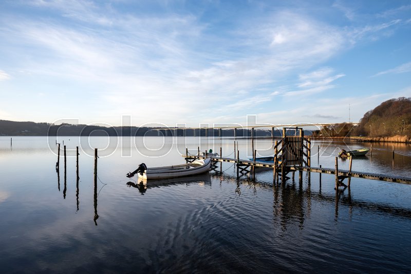 Bådebro Med Båd Ved Vejle Fjord Stock Image Colourbox