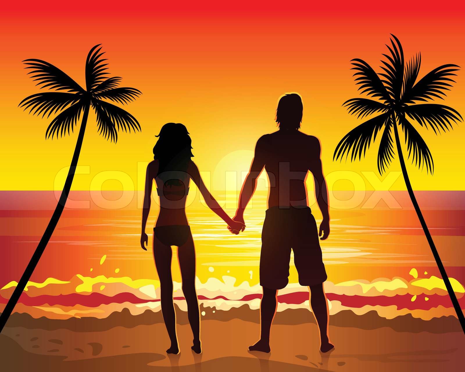 Romantic Couple Holding Hands On Beach Sunset Stock Vector Colourbox