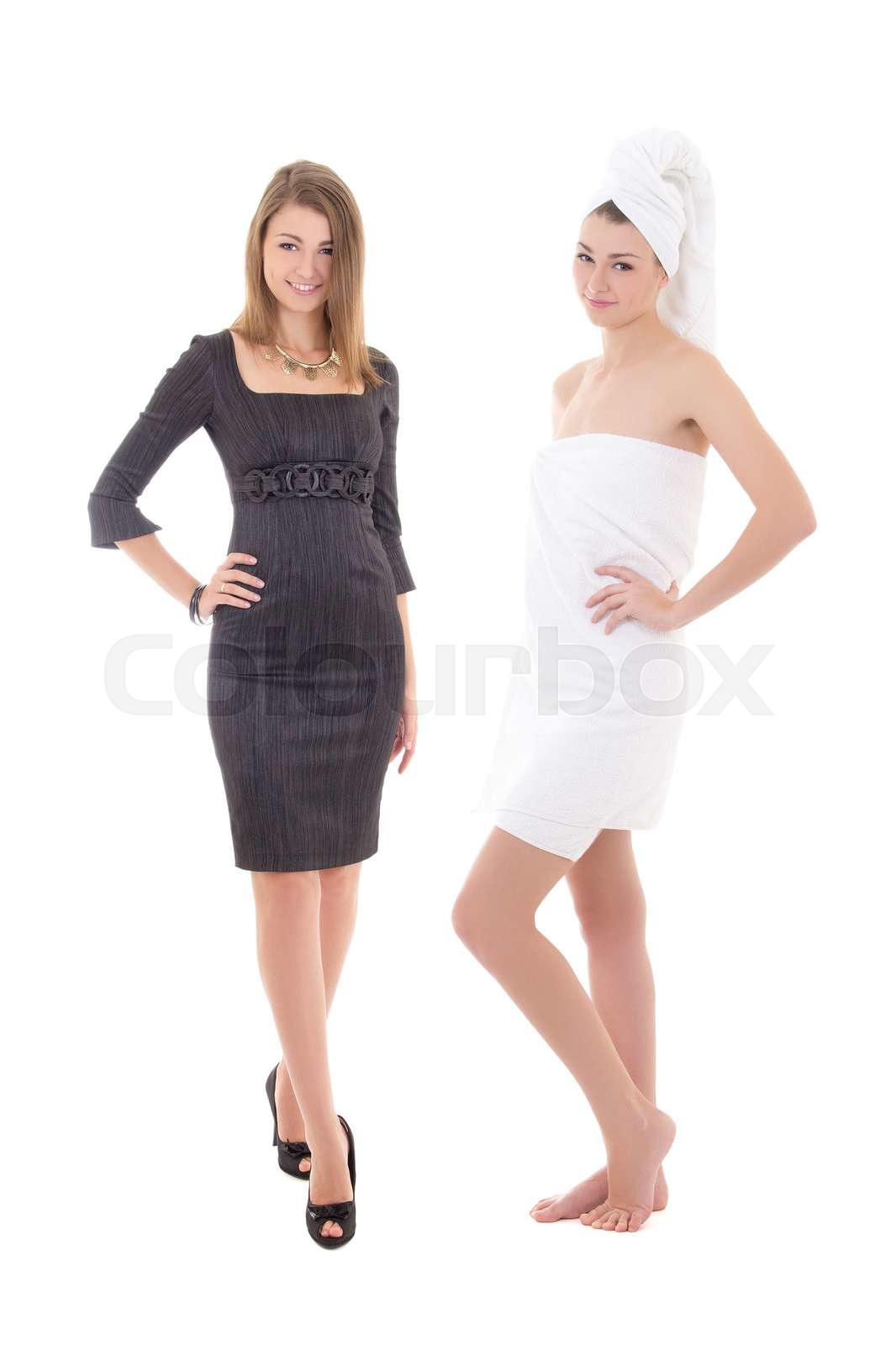 Morning After Shower Concept Slim Woman In Towel And Dress Isolated