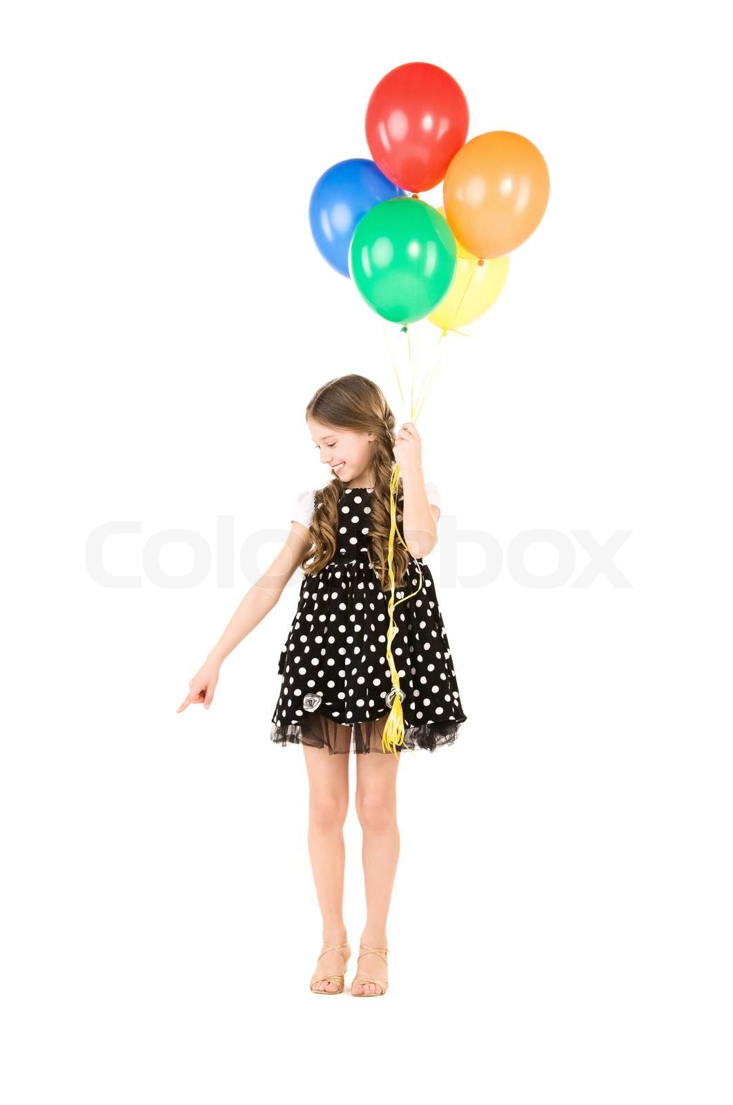 Glückliches Mädchen Mit Bunten Luftballons In Weiß Stock Bild Colourbox