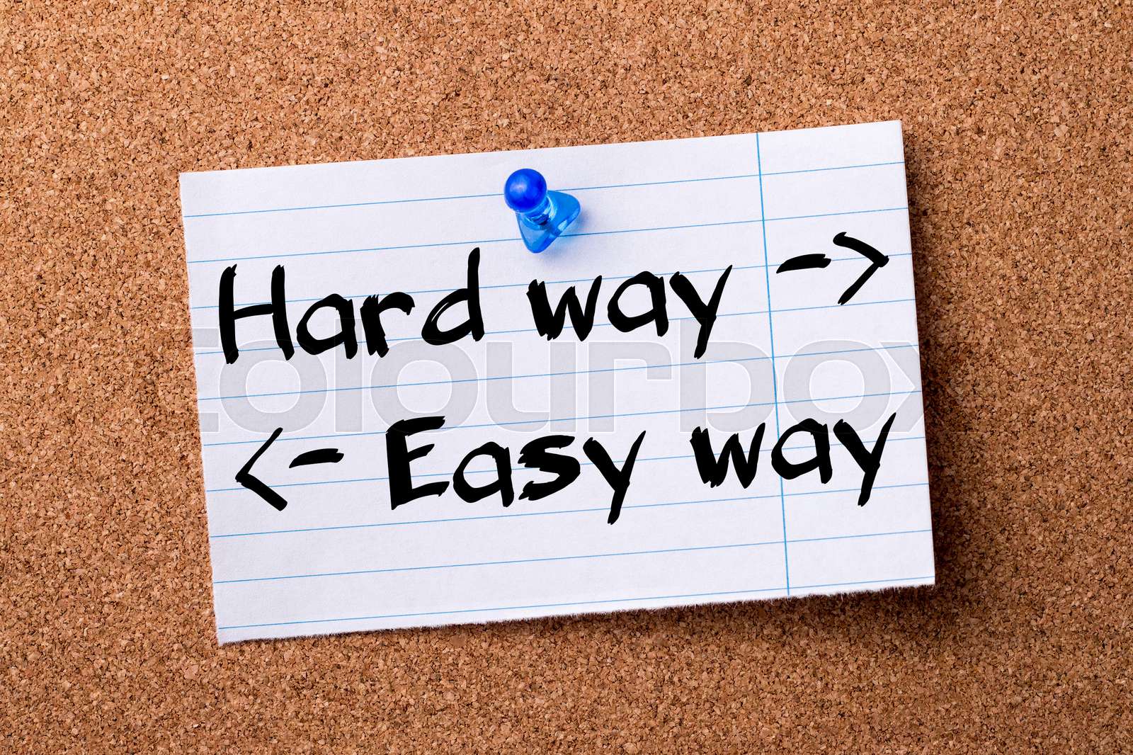 Hard Way Easy Way Teared Note Paper Pinned On Bulletin Board Stock