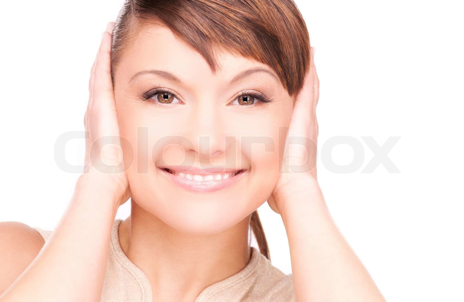 Picture Of Smiling Woman With Hands Over Ears Stock Image Colourbox