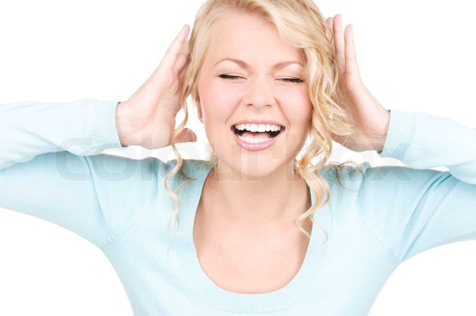 Picture Of Happy Screaming Woman With Hands Over Ears Stock Image