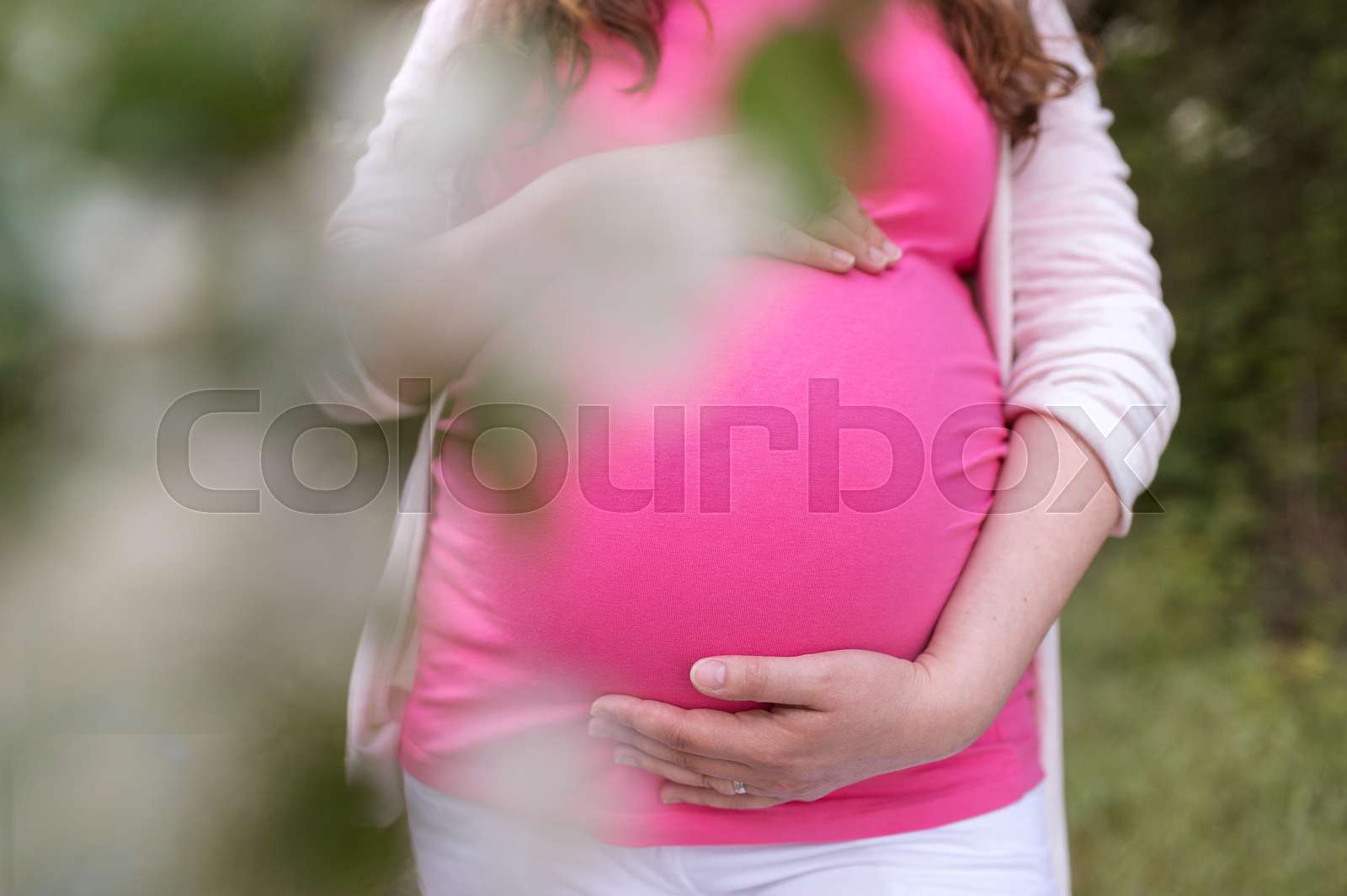 Unrecognizable Pregnant Women Holding Her Belly Summer Nature Stock