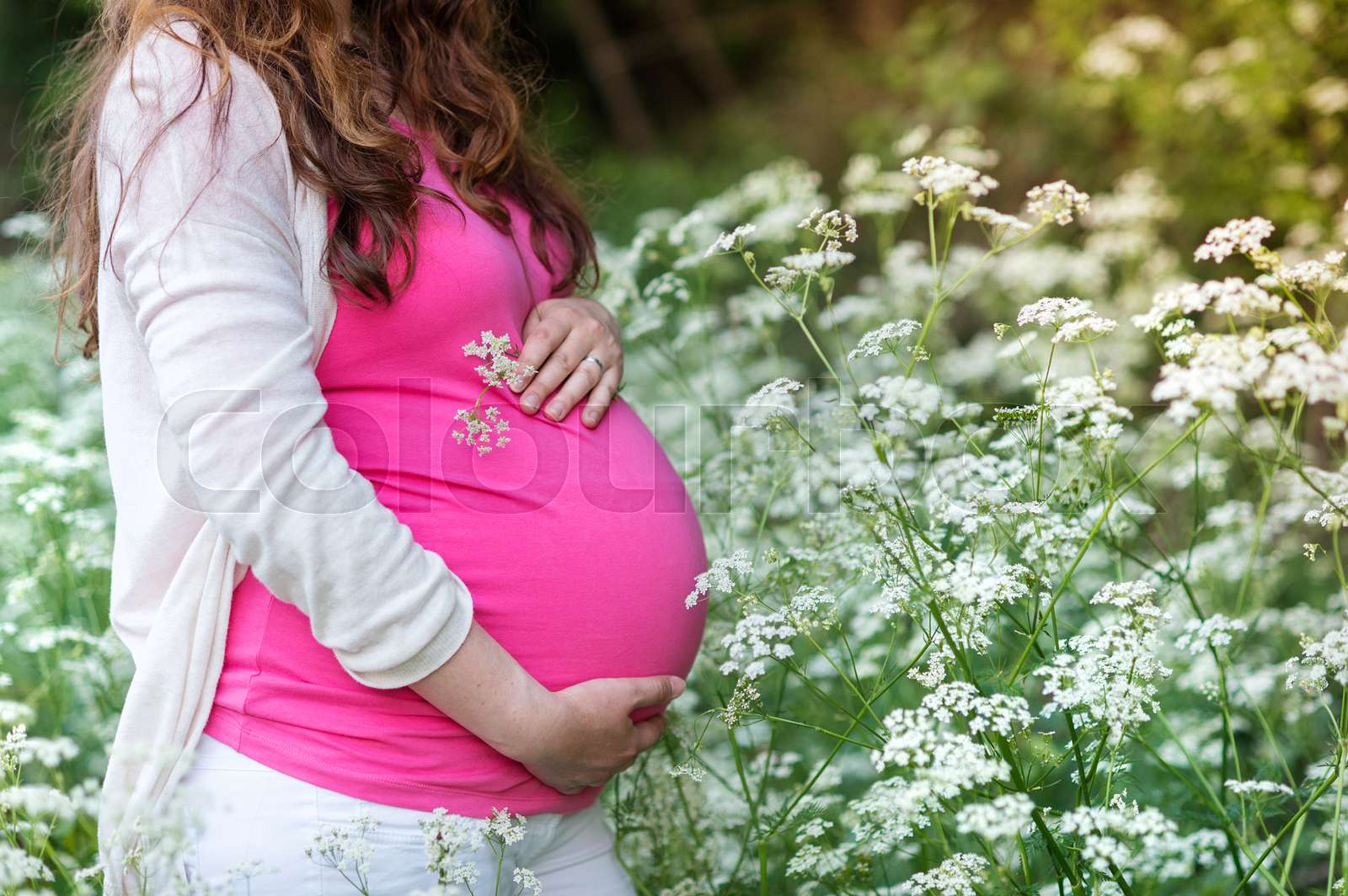 Unrecognizable Pregnant Women Holding Her Belly Summer Nature Stock