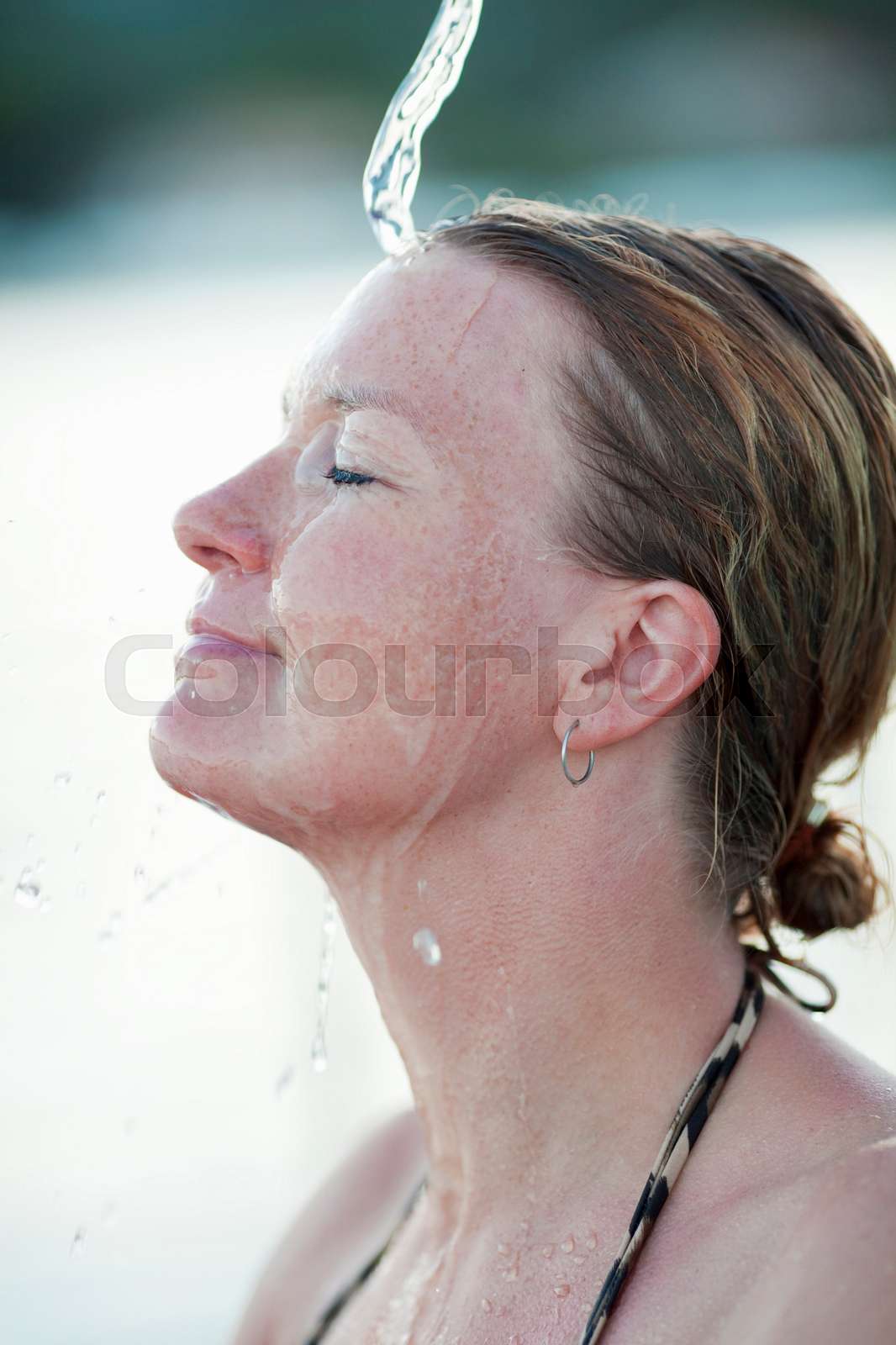 Woman Taking Shower Smiling Stock Image Colourbox