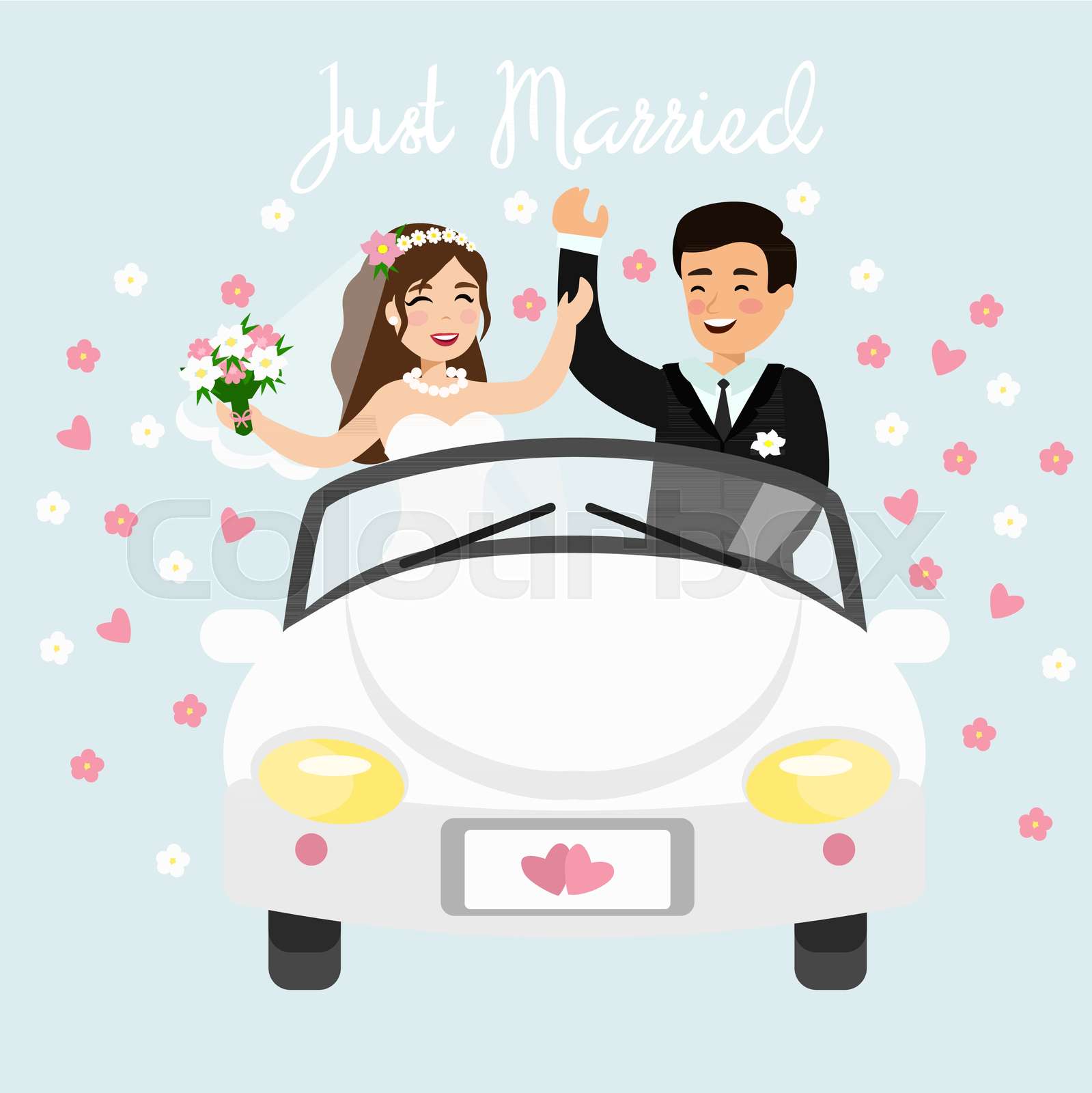 Vector Illustration Of Just Married Couple Driving A White Car In