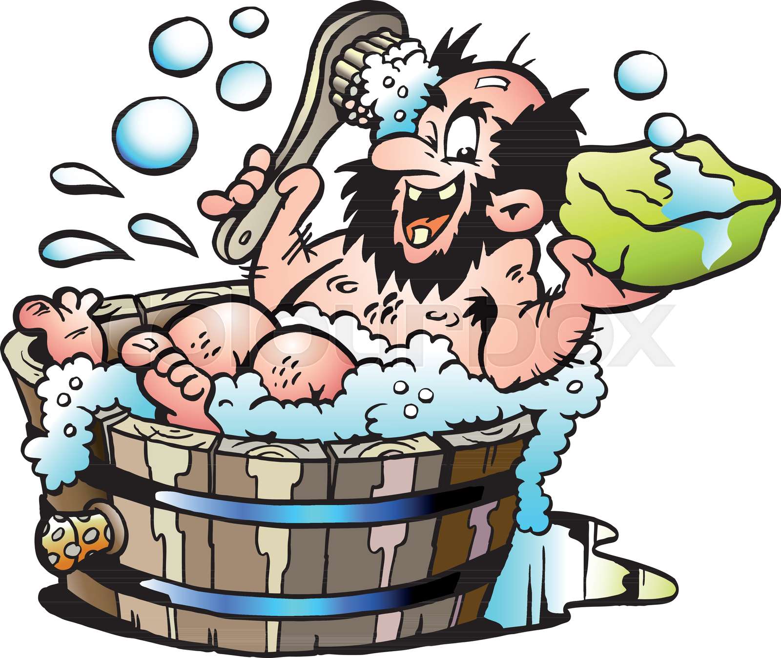 Cartoon Vector Illustration Of An Old Dirty Man Who Wash Him Selv In A