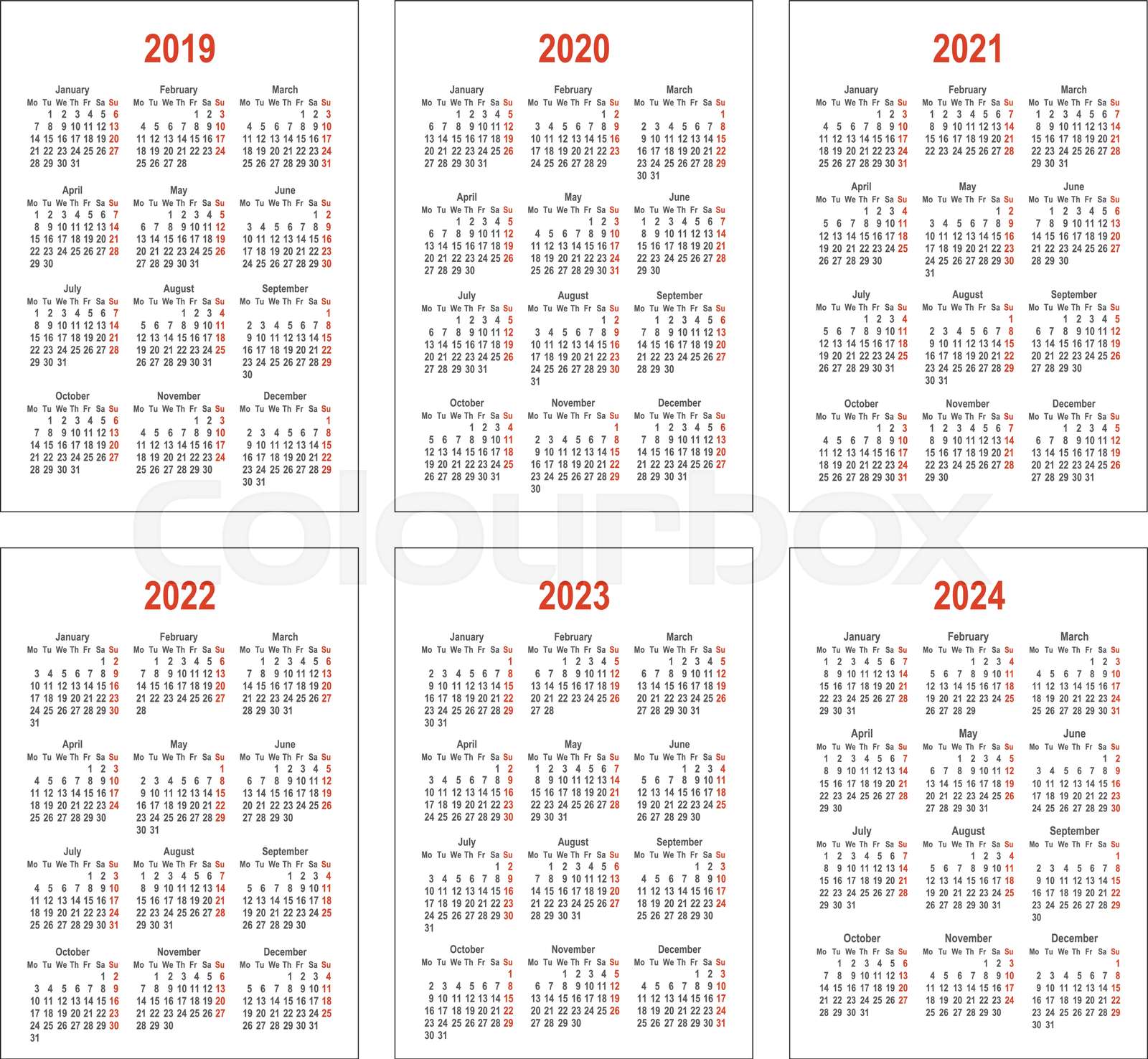 Simple Calendar For 2019 2020 2021 2022 2023 And 2024 Years Stock