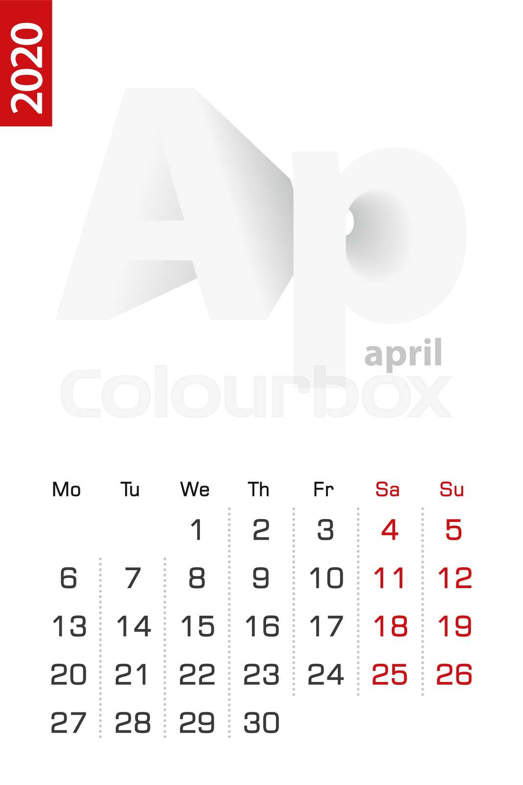 Minimalist Calendar Template For April 2020 Vector Calendar In English