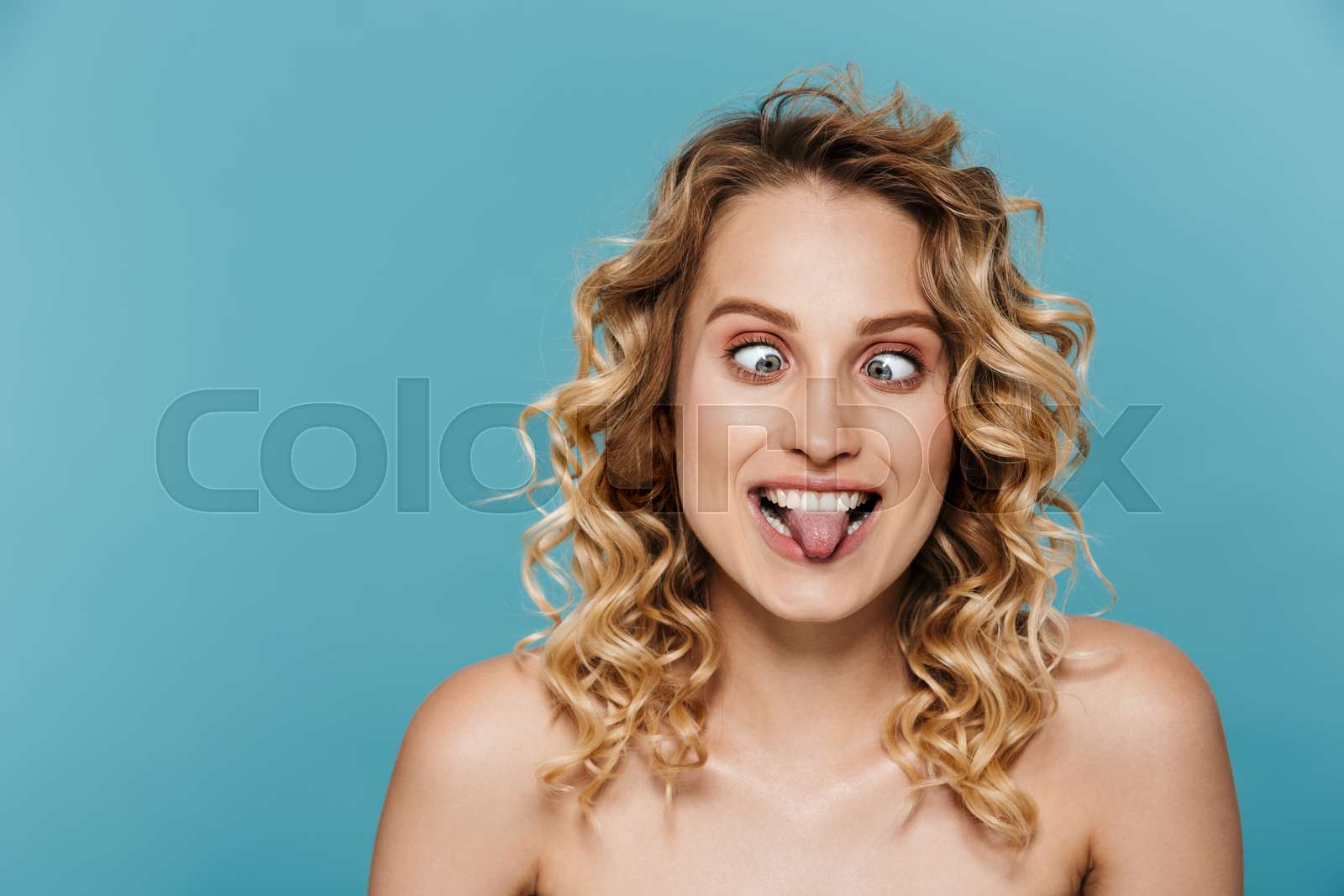 Beauty Image Of Funny Half Naked Woman With Curly Hair Grimacing And