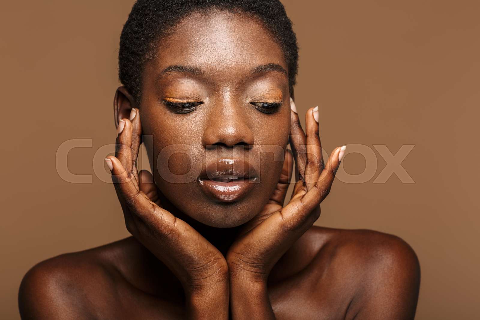 Beauty Portrait Of Young Half Naked African Woman With Short Black Hair