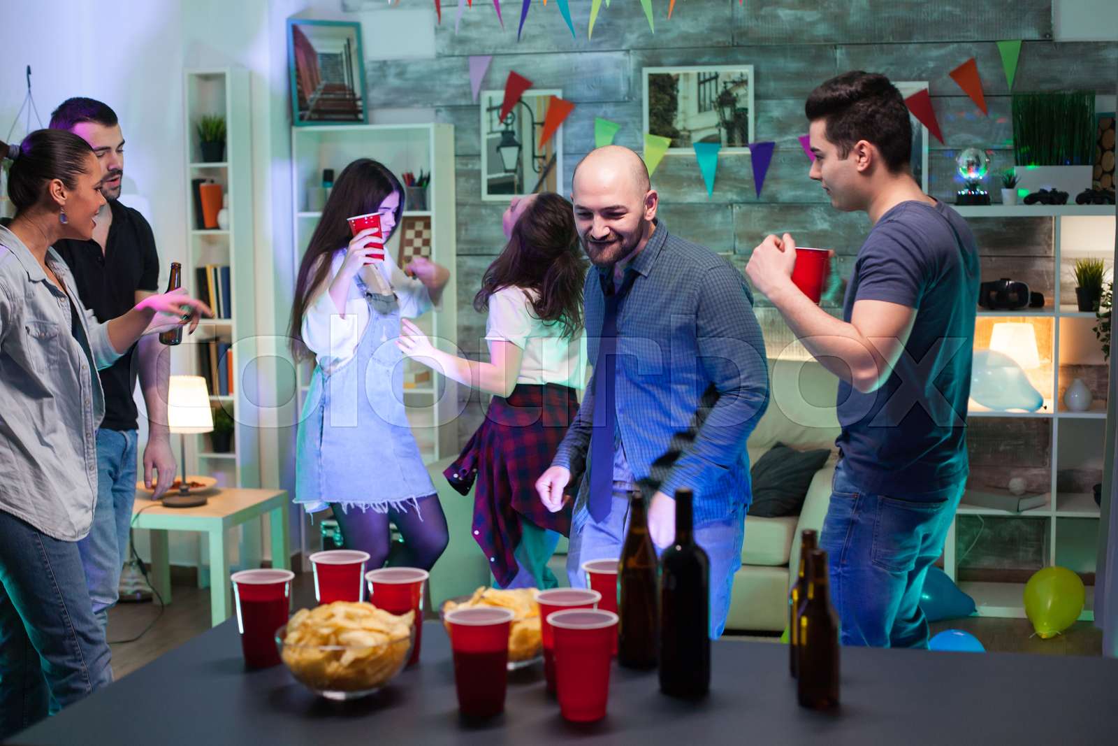 Handsome Bald Man Dancing While Partying Stock Image Colourbox