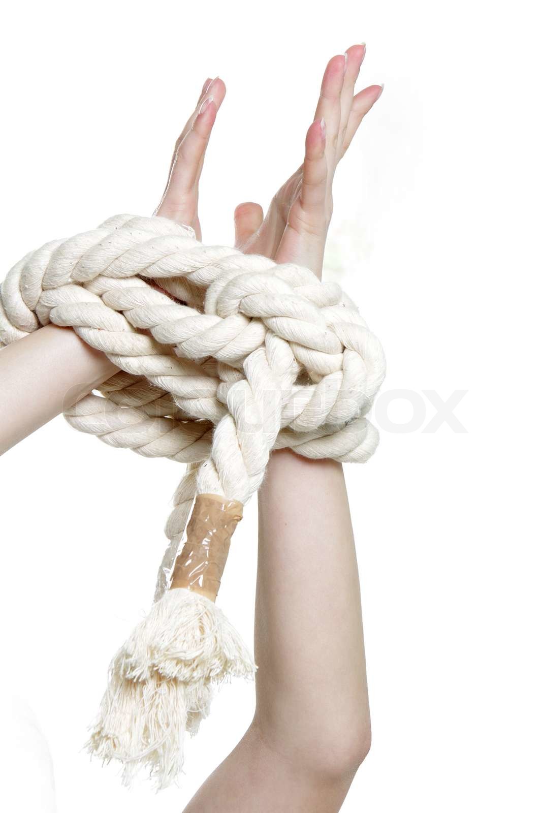 Female Hands Tied Up With Rope Over White Stock Image Colourbox