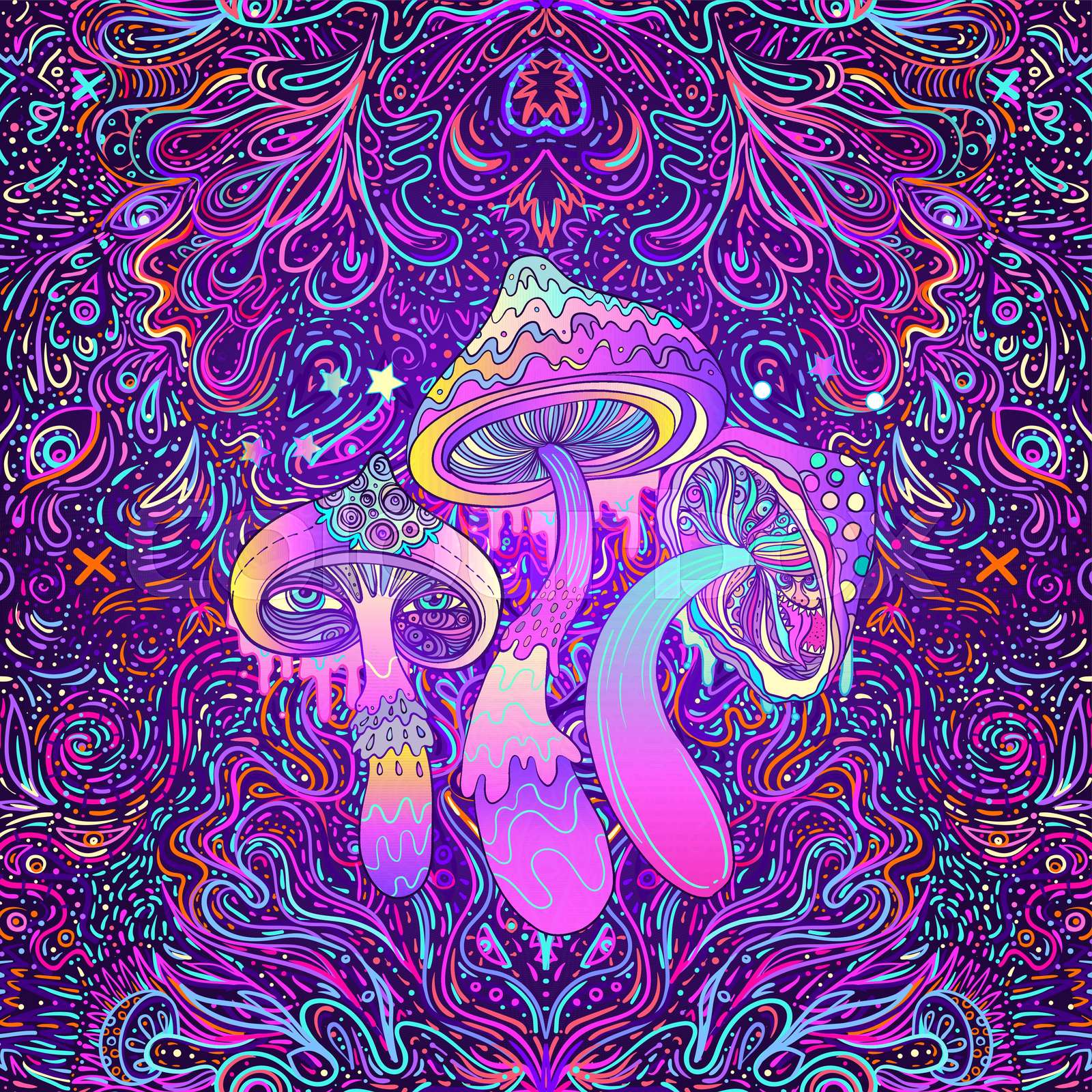 Magic Mushrooms Seamless Pattern Psychedelic Hallucination Vibrant