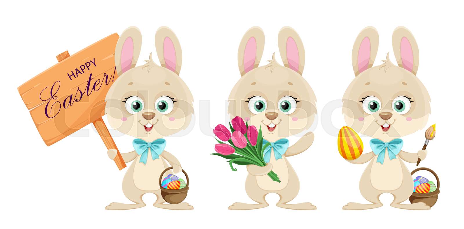 Happy Easter Cute Bunny Set Of Three Poses Stock Vector Colourbox