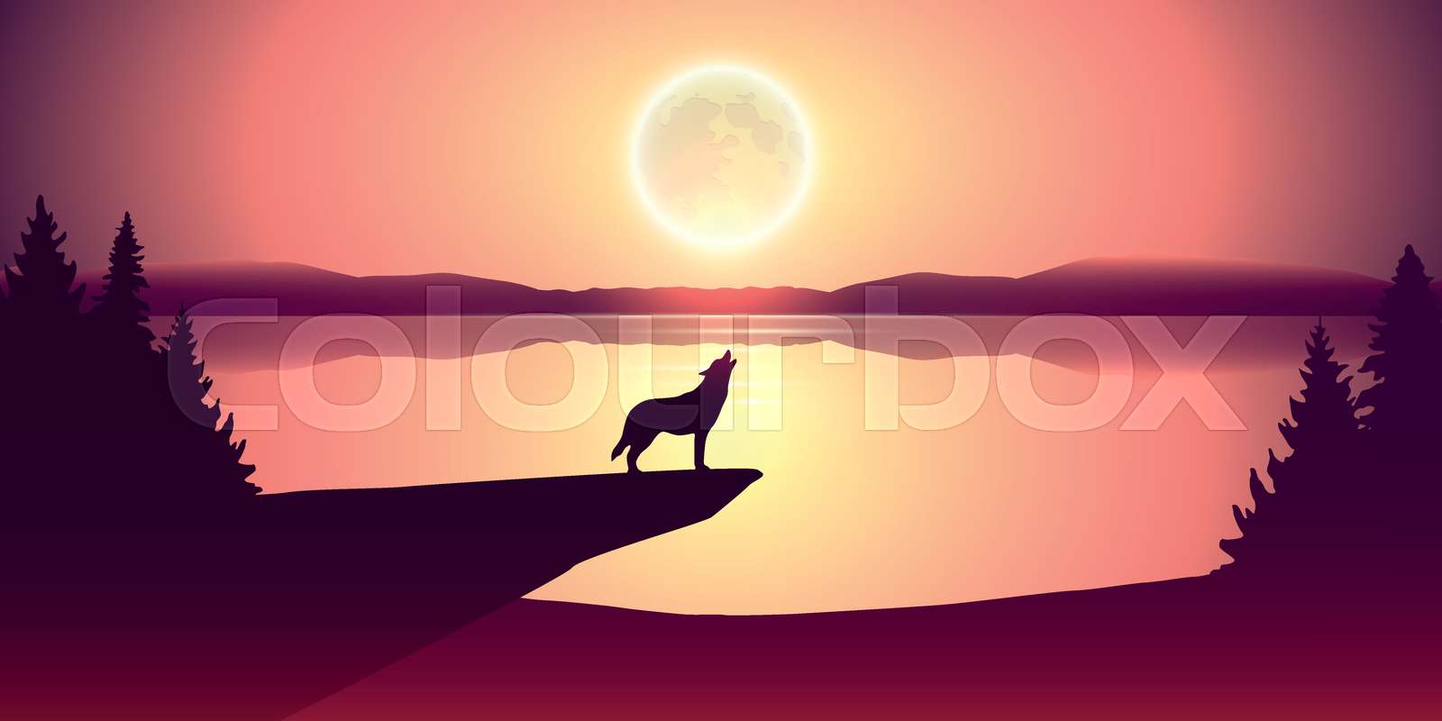 Wolf Howls At Full Moon By Lake Nature Landscape Stock Vector Colourbox