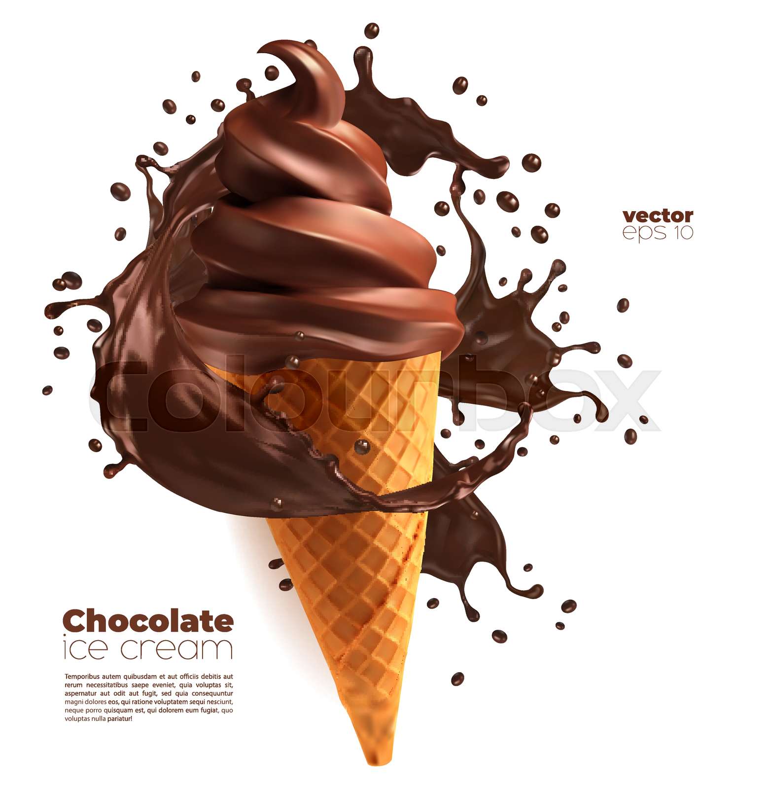 Soft Chocolate Ice Cream Cone With Swirl Splash Stock Vector Colourbox