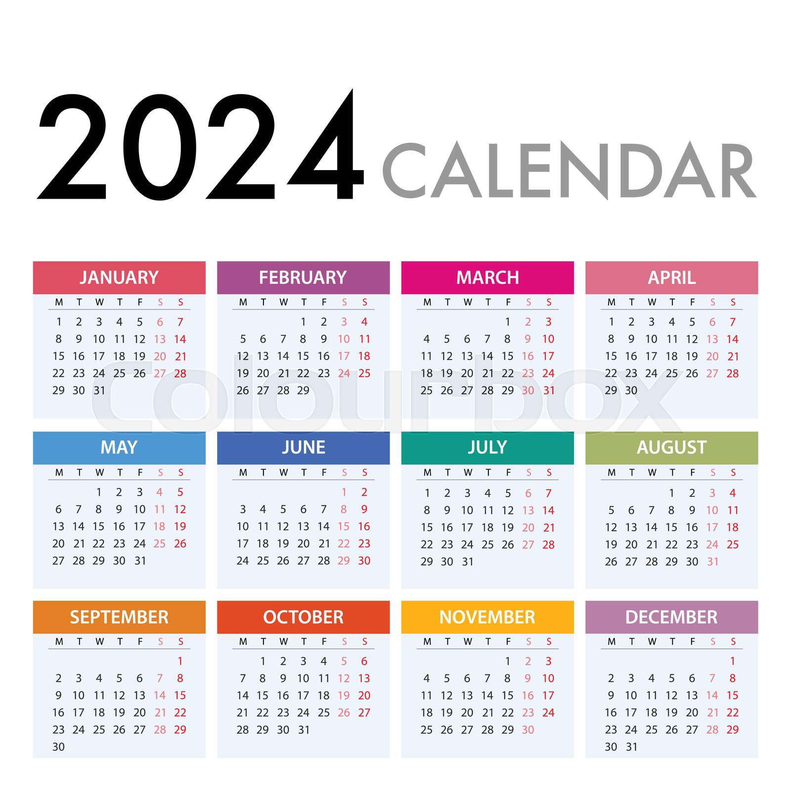 Calendar For 2024 On White Background Week Starts Monday Stock