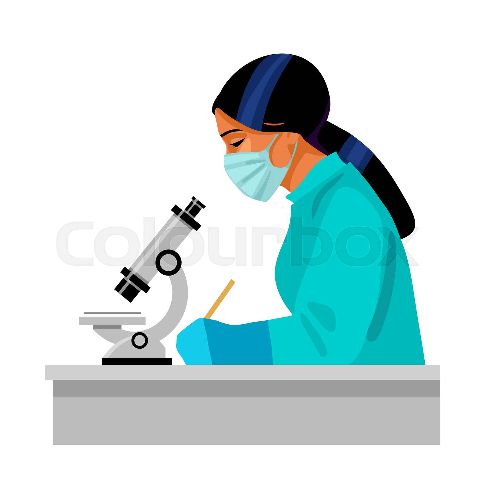 Woman Scientist Looking Through Microscope And Writing Female