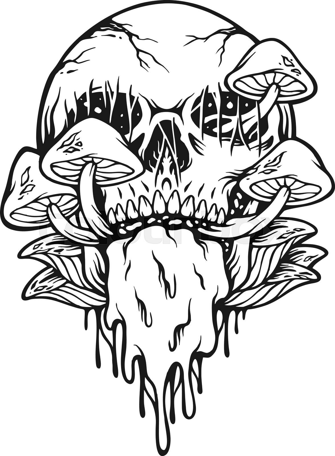 Psychedelic Horror Magic Mushrooms Skull Head Outline Stock Vector