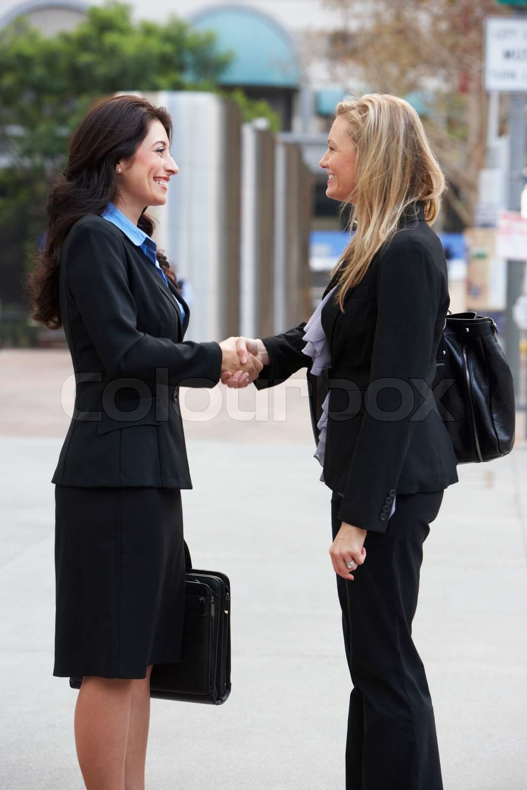 Two Businesswomen Shaking Hands Outside Office Stock Image Colourbox