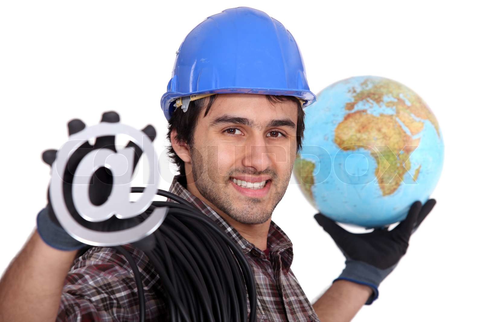 An Electrician Promoting The Internet Stock Image Colourbox