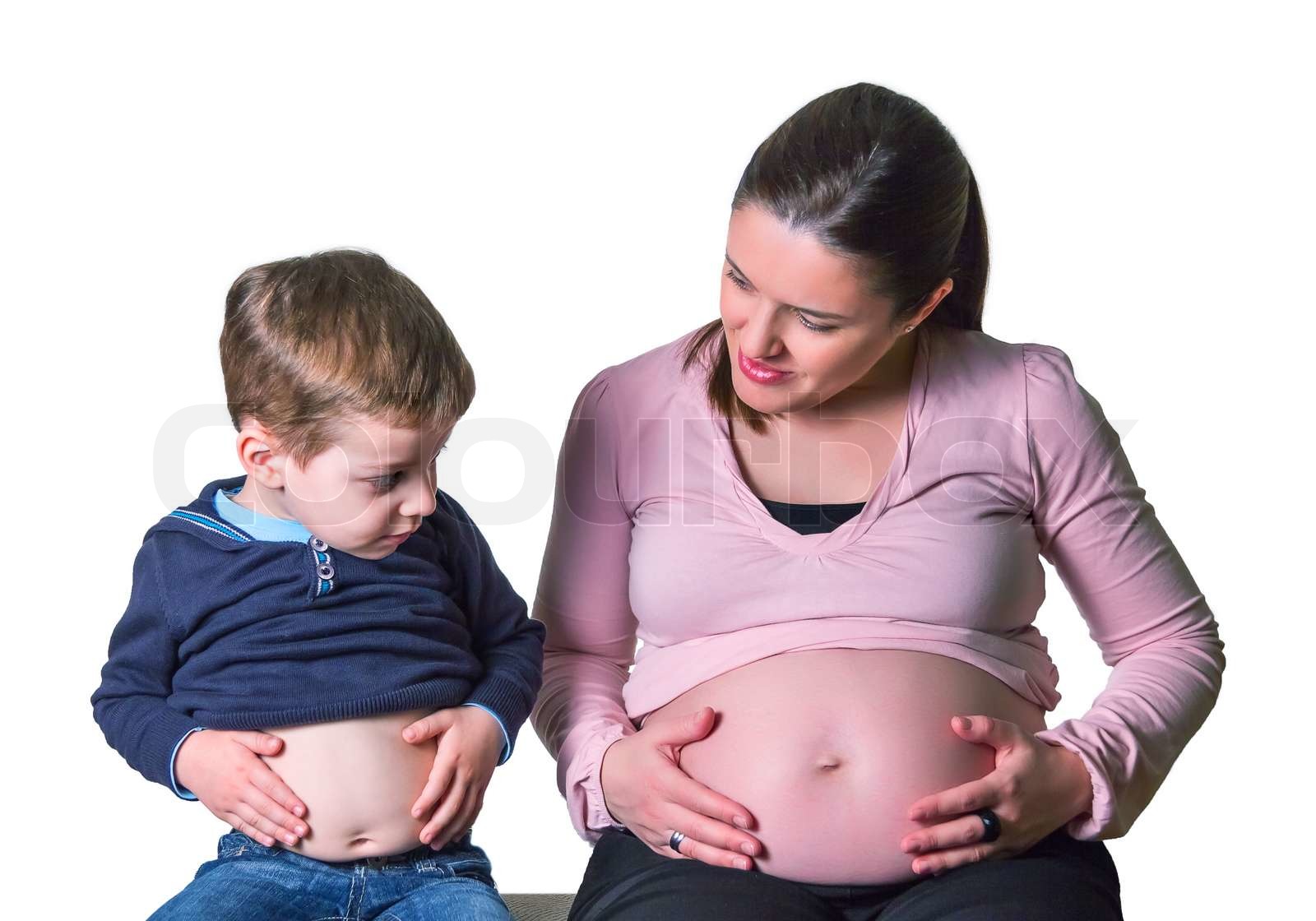 Pregnant Mother And Son Comparing Their Bellies Stock Image Colourbox