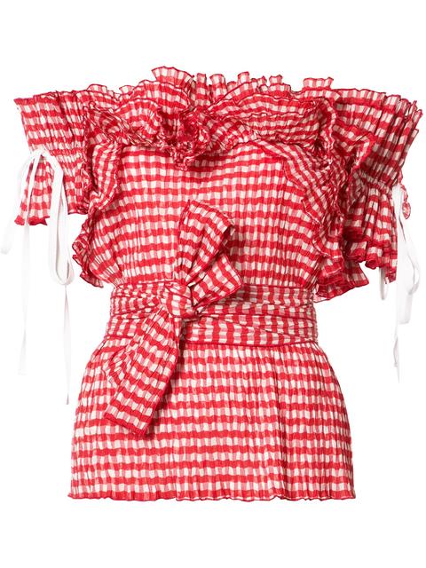 Rosie Assoulin Bearded Iris Ruffle Gingham Check One Shoulder Top