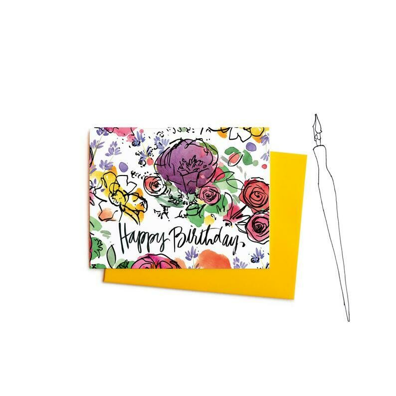 Watercolor Flowers Happy Birthday Card Single