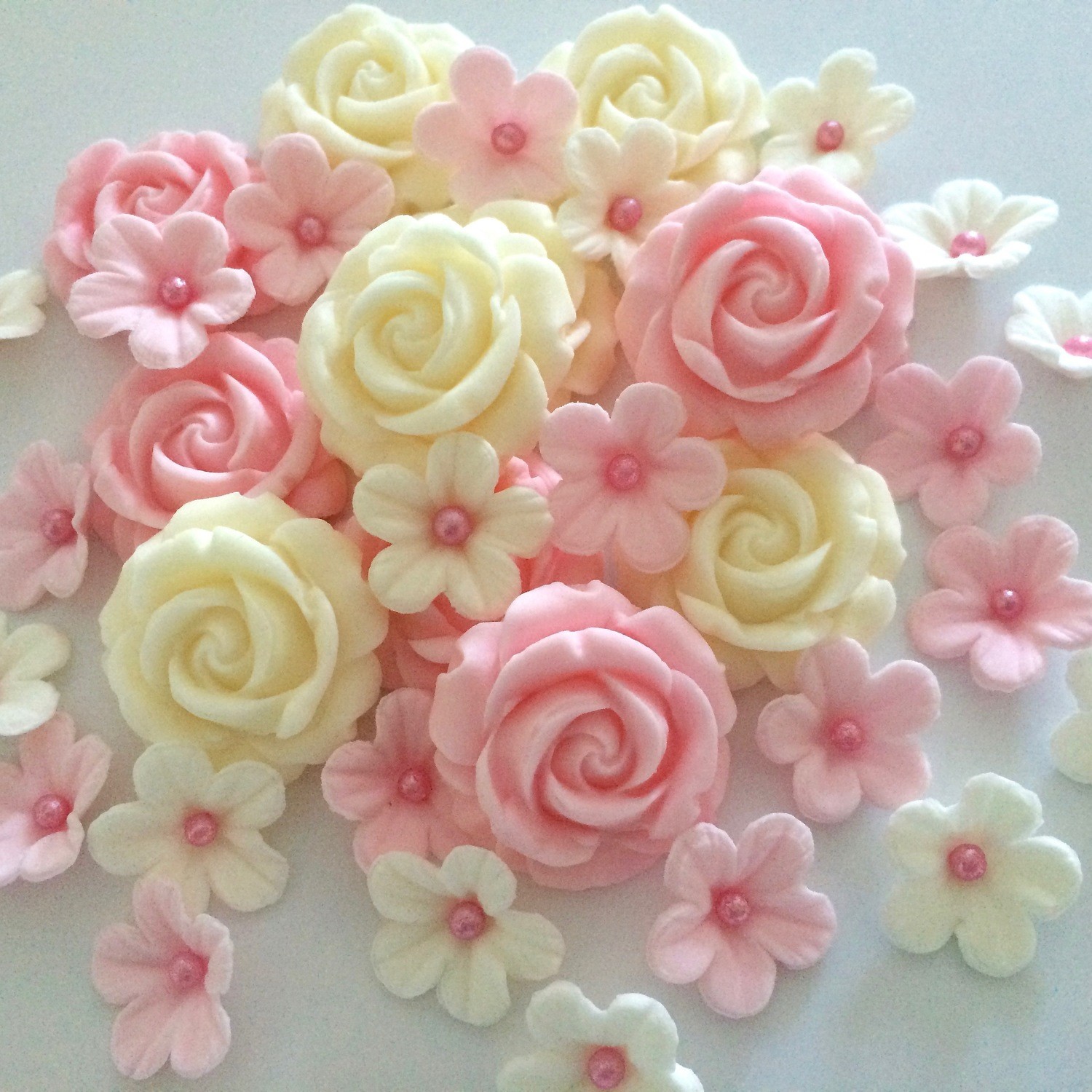 Pink Cream Roses Edible Sugar Flowers Cake Decorations