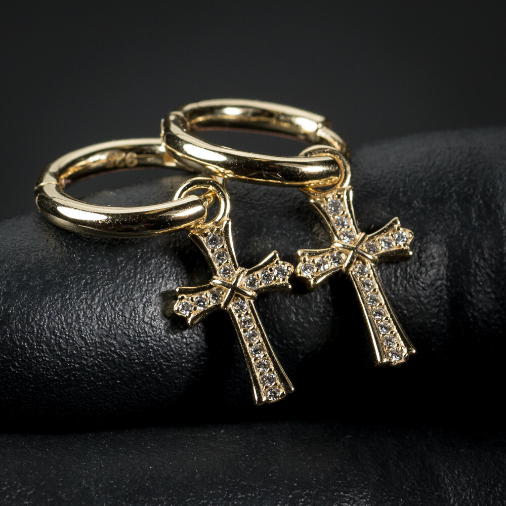 Iced Gold Dangle Mens Cross Huggie Hoop Earrings