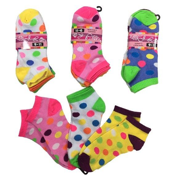 36 Pairs Ladies Teens Anklets Polka Dots Size 9 11 Womens Ankle Sock
