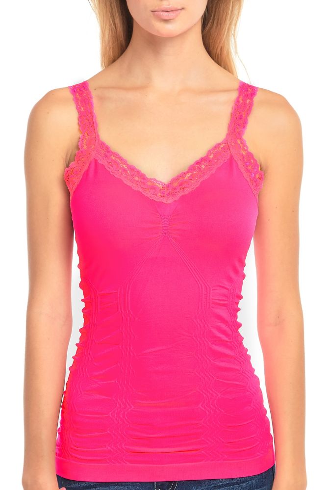 72 Wholesale Mopas Ladies Wrinkled Camisole With Lace In Hot Pink At