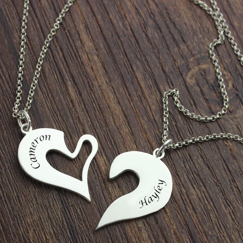 Personalized Breakable Heart Name Necklace For Couples Silver