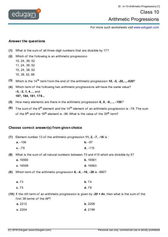 Grade 10 Math Worksheets And Problems Arithmetic Progressions