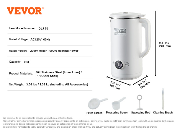 Vevor Nut Milk Maker 8 In 1 Soy Milk Maker With 8 Leaf Blades 600ml