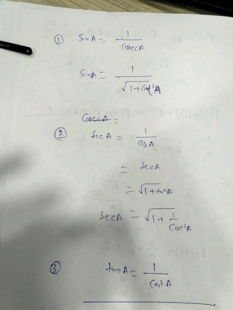 Express The Trigonometric Ratios Sin A Sec A And Tan A In Terms Of Cot A