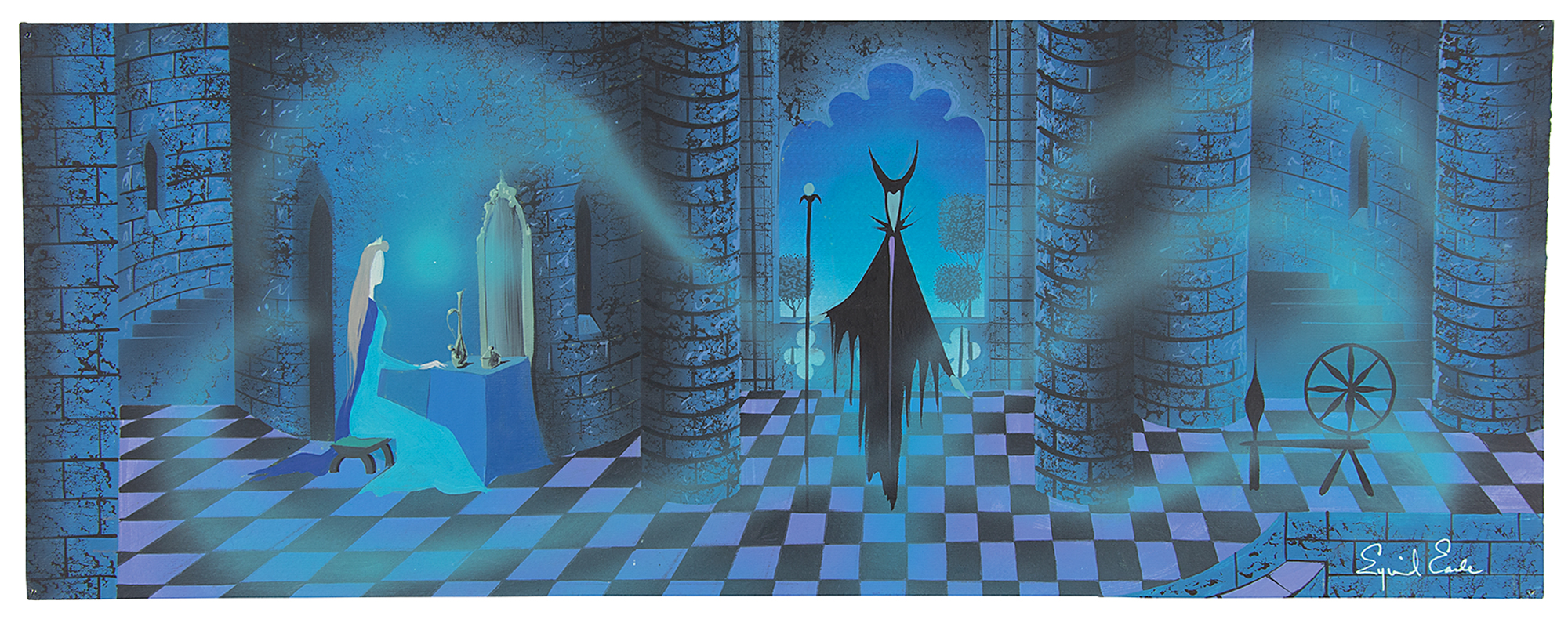 Eyvind Earle Large Concept Storyboard Painting Of Princess Aurora And