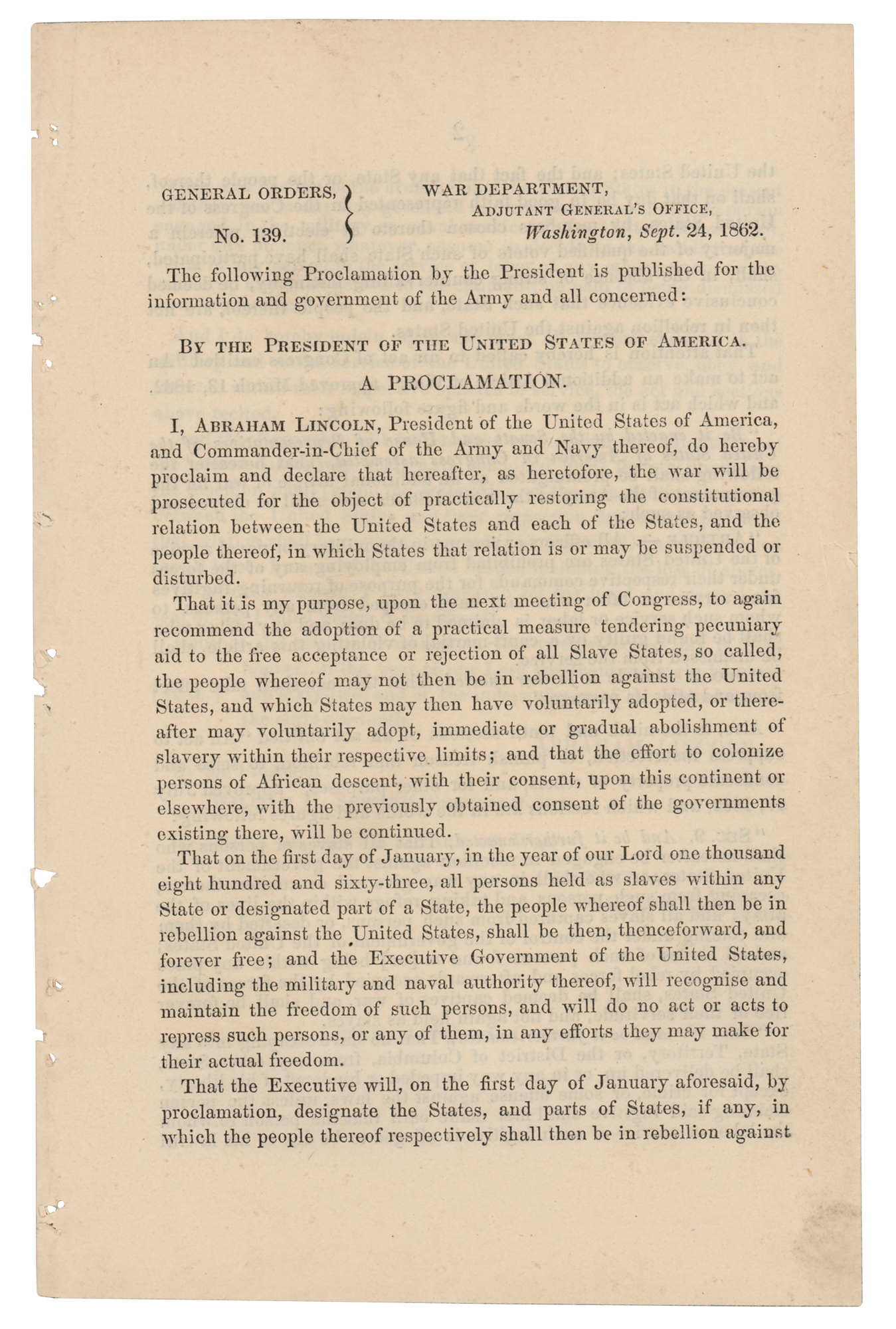 Abraham Lincoln Preliminary Emancipation Proclamation Rr Auction