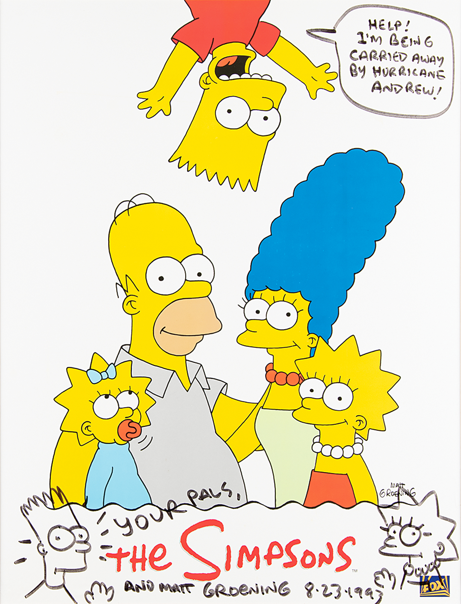 Matt Groening Signed Poster With Bart And Lisa Simpson Sketches Rr
