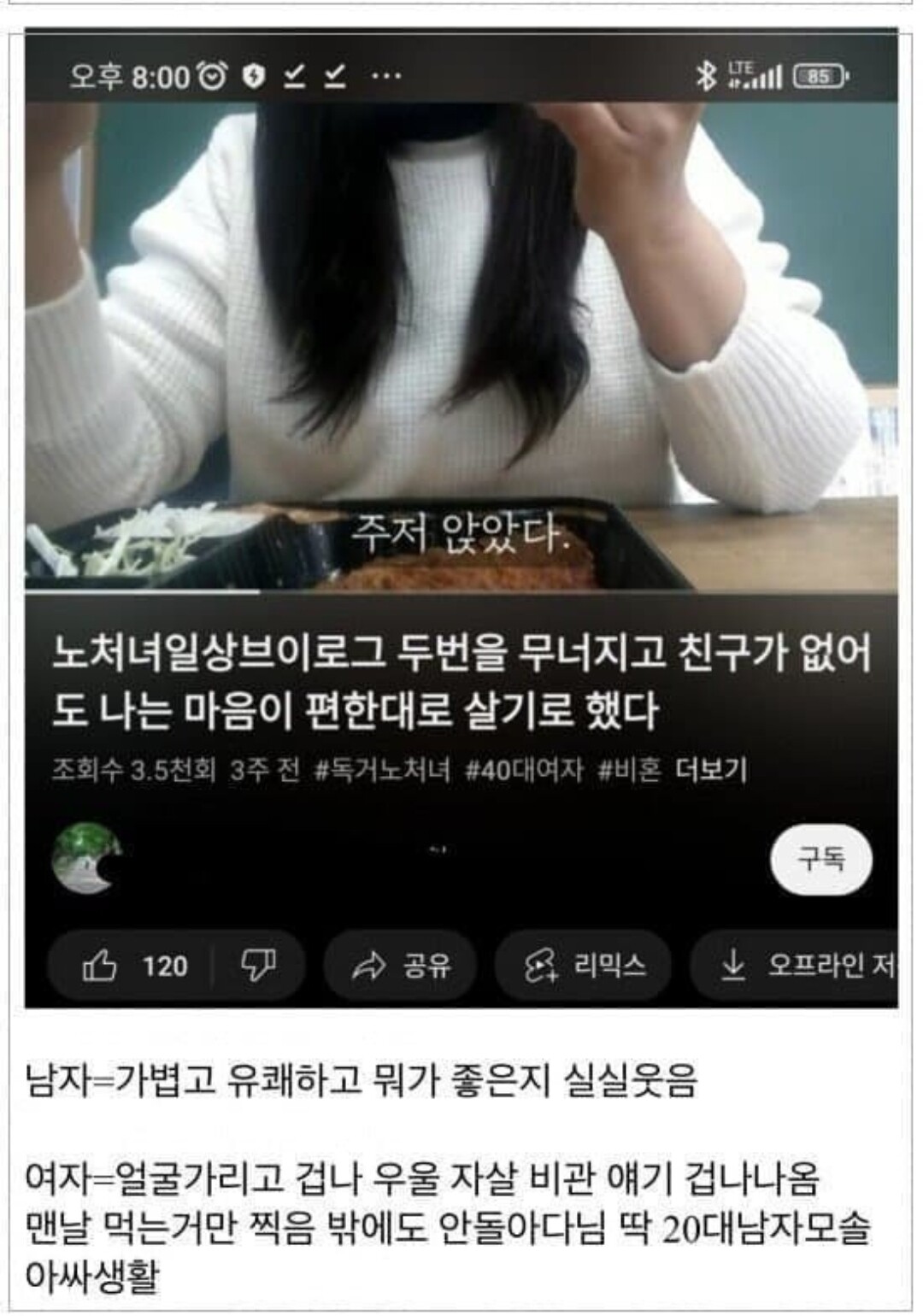 블라인드 결혼생활 40대 미혼 남자 여자 브이로그 차이