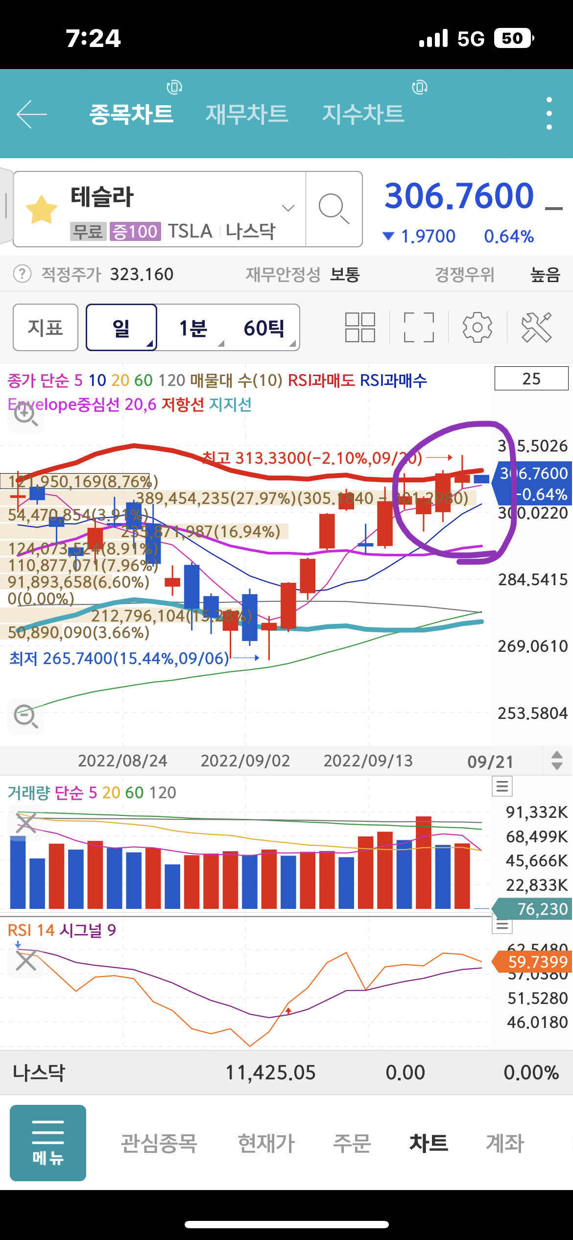 블라인드 주식·투자 테슬라 오늘 저항선 상향 돌파예정